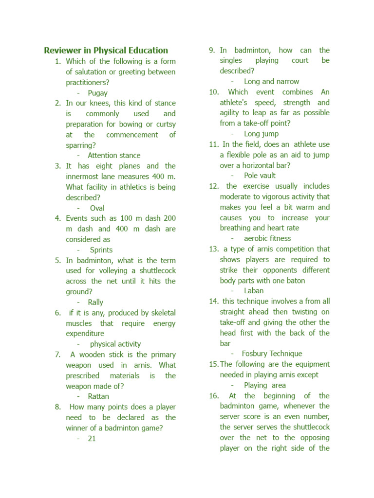 Reviewer in Physical Education | PDF | Sports | Athletic Sports