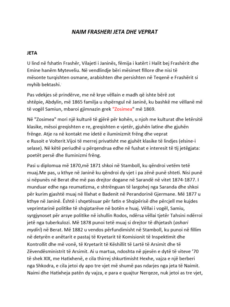 Naim Frasheri Jeta Dhe Veprat | PDF
