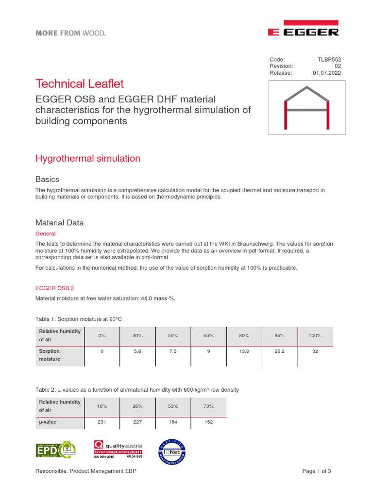 TL EGGER TLBP552 OSB DHF Material Characteristics Hygrothermal Simulation en | PDF | Humidity ...