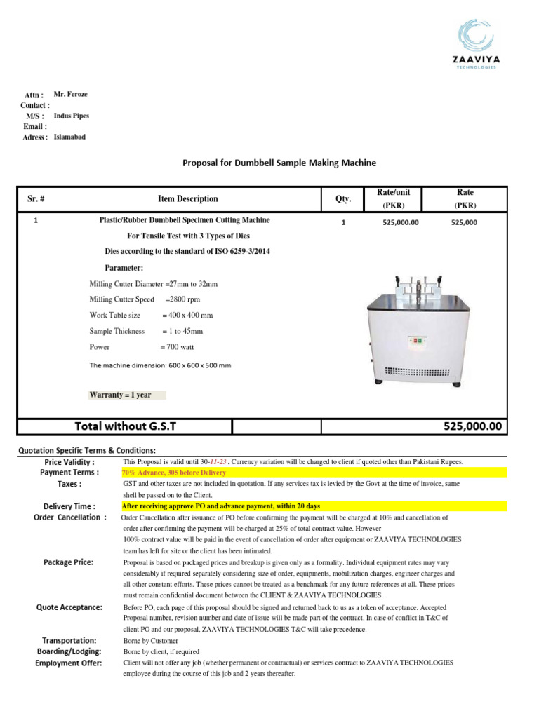 Proposal for Indus Pipes Dumbbell Machine For NOV | PDF