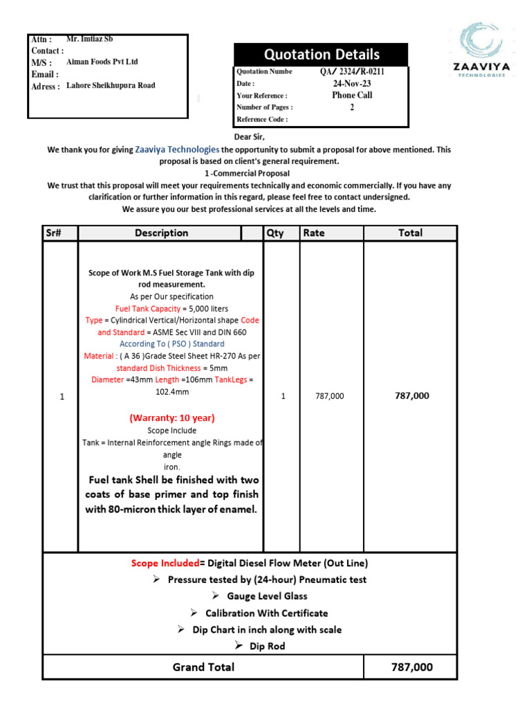 Proposal for Fuel tank Fabrication Zaaviya updated | PDF