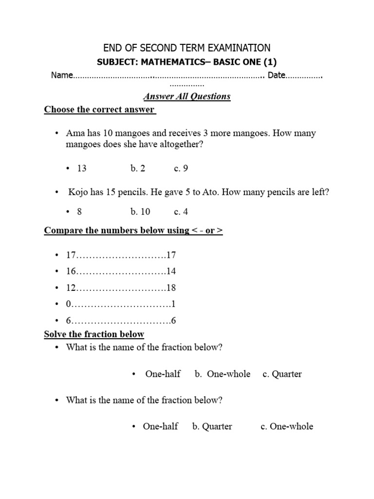Basic One Mathematics Exam Questions | PDF