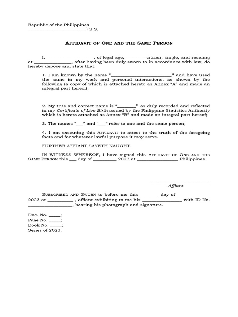 Affidavit of One and The Same Person | PDF | Social Science
