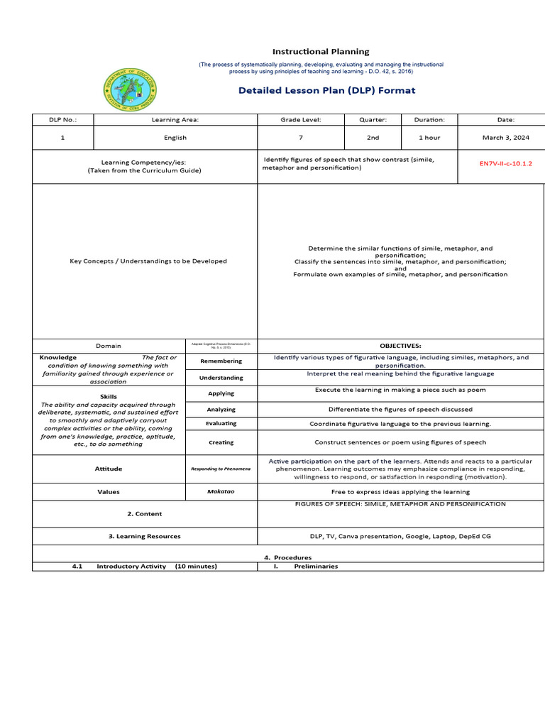Detailed Lesson Plan (DLP) Format: Instructional Planning | PDF | Learning | Metaphor