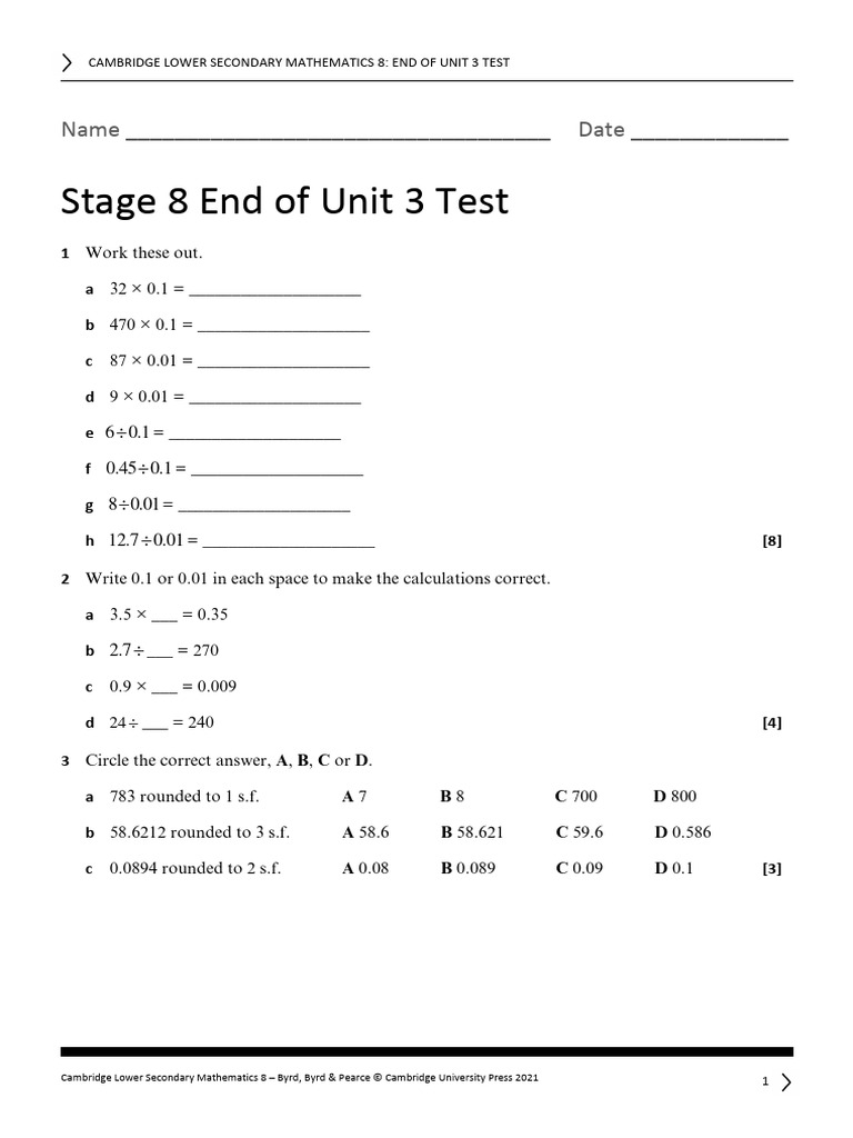 Stage 8 End of Unit 3 Test | PDF | Mathematics | Applied Mathematics