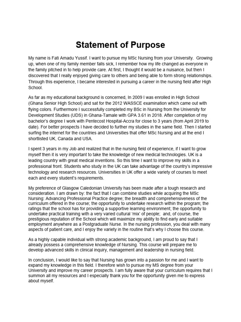 Statement of Purpose Health Ethics | PDF | Nursing | Health Care