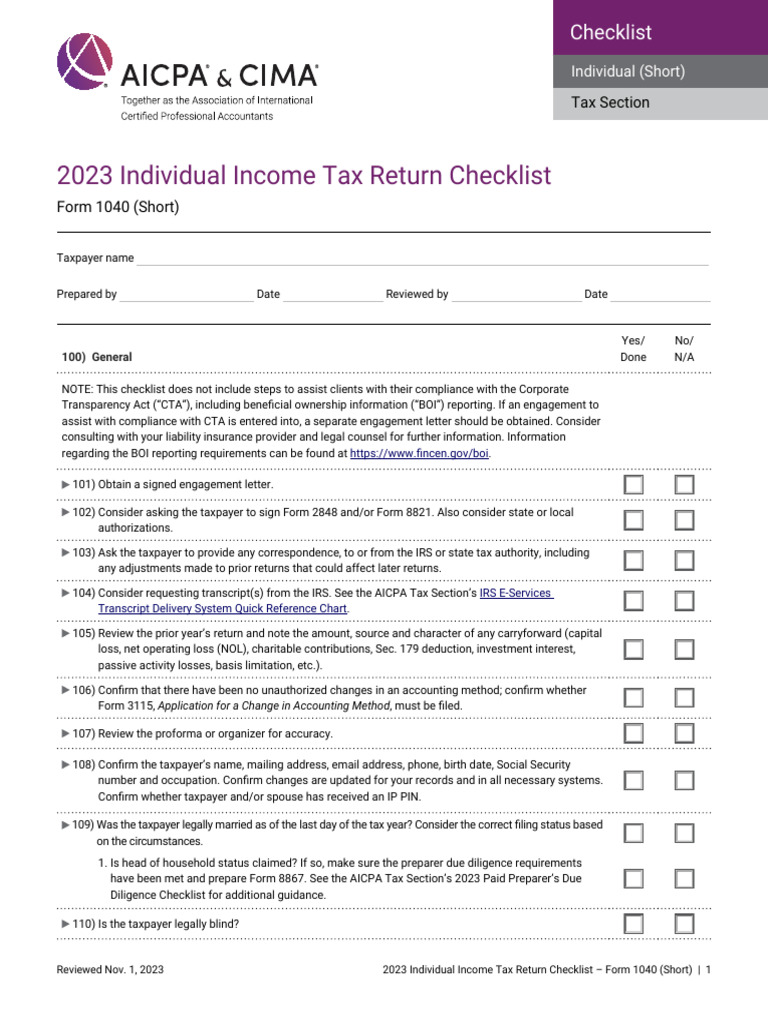 Return Checklist Form 1040 Short | PDF | Irs Tax Forms | Income Tax In ...