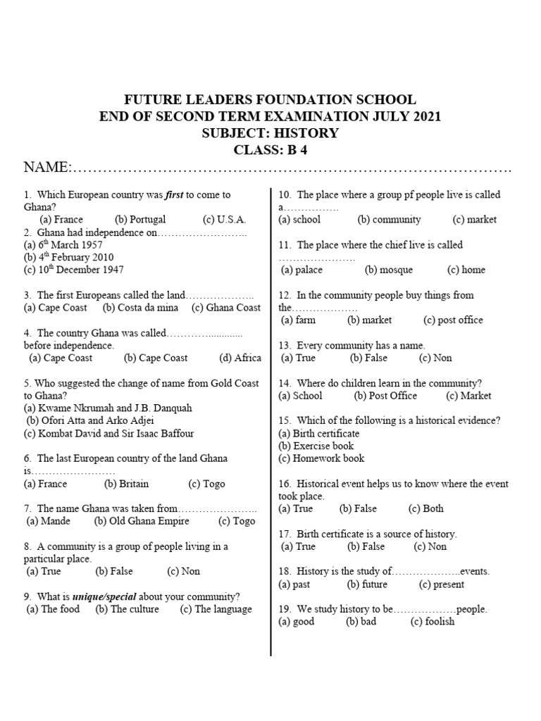 Term Two History 4 6 Questions 1 | PDF | Ghana