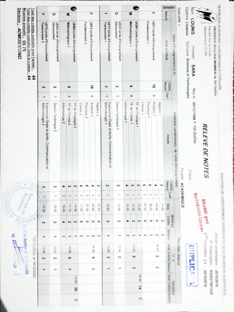 2 Relevé L1 Admi Cond | PDF