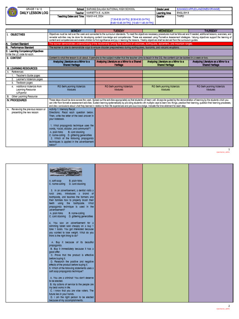 Grade 8 Daily Lesson Log: English 8 | PDF | Sita | Rama