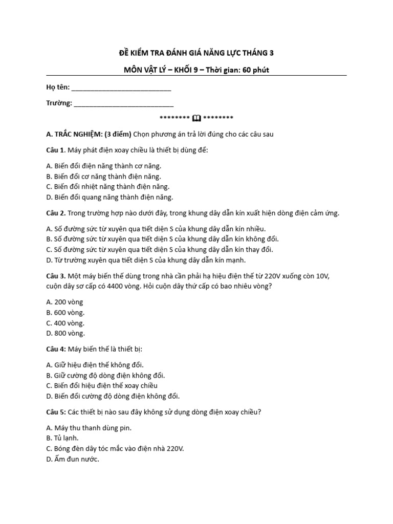 De KT Thang 3 - Vat Ly | PDF