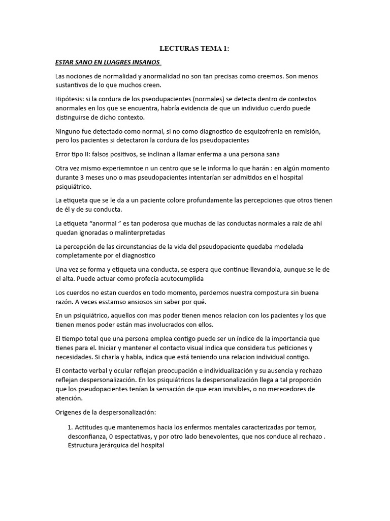 Lecturas Tema 1 | PDF | Manual Diagnóstico y Estadístico de los Trastornos Mentales | Sicología