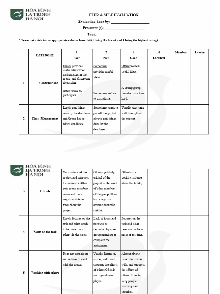 Peer and Self Evaluation Form | PDF | Social Psychology | Psychology
