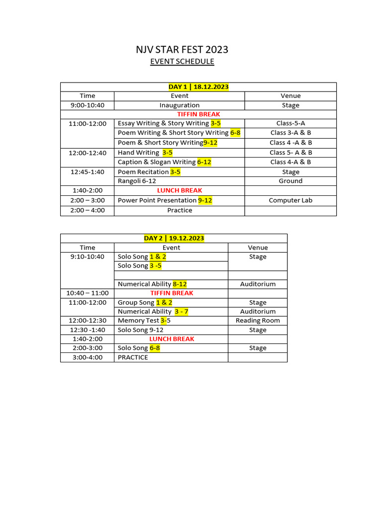 NJV Star Fest 2023 Event Schedule | PDF