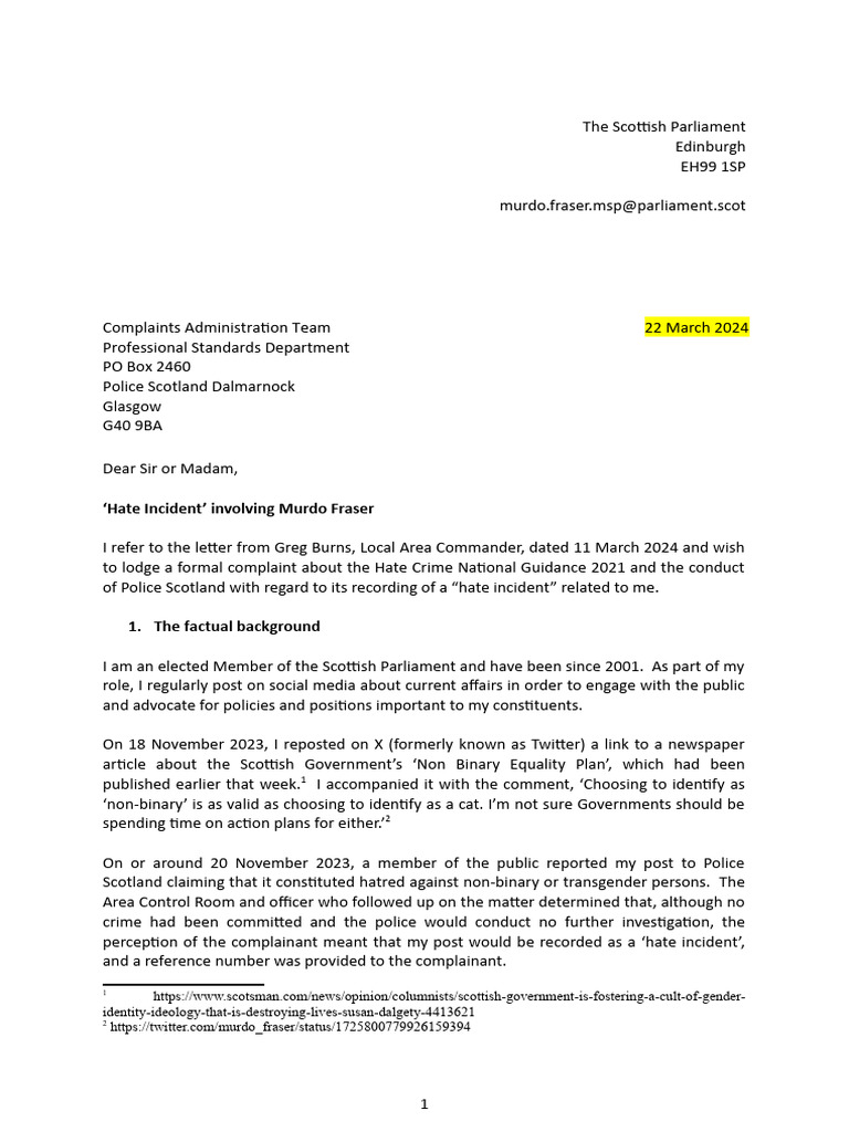 Murdo Fraser Letter To Police | PDF | European Convention On Human ...