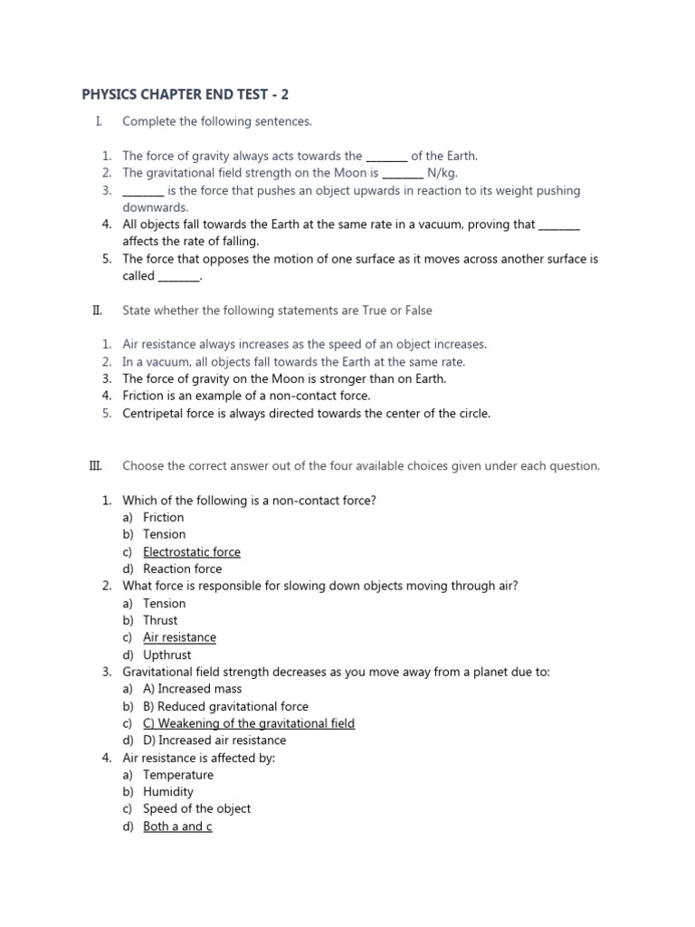 Physics Chapter End Test 2 | PDF | Force | Gravity