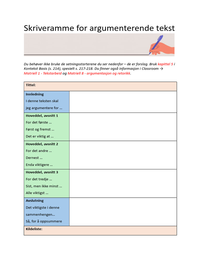 Skriveramme For Argumenterende Tekst | PDF