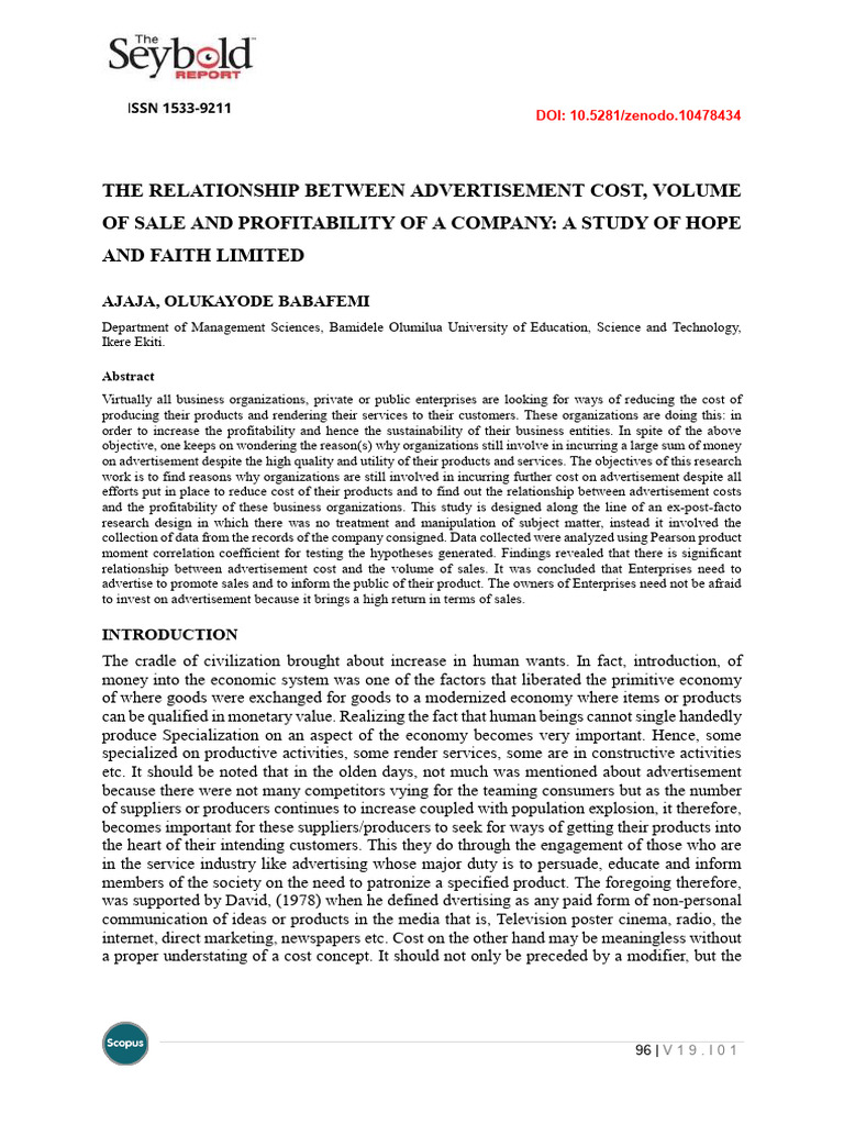 The Relationship Between Advertisement Cost, Volume of Sale and ...