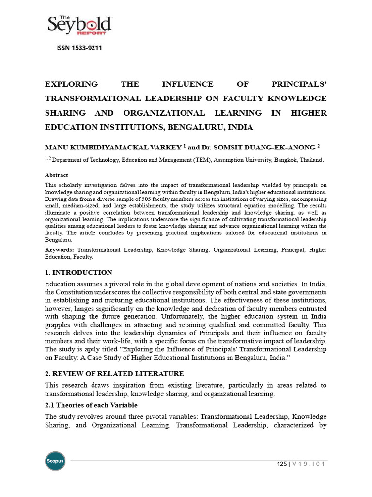 Exploring The Influence of Principals' Transformational Leadership On Faculty Knowledge Sharing ...