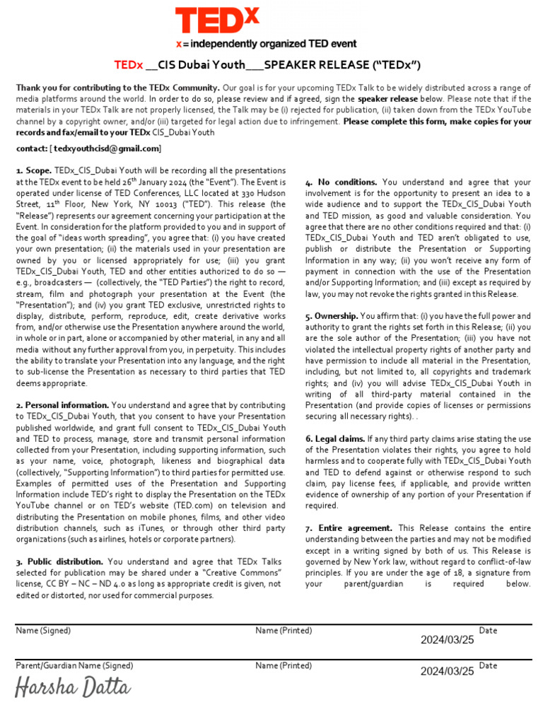 TEDx Speaker Release Signed | PDF | License | Copyright Law