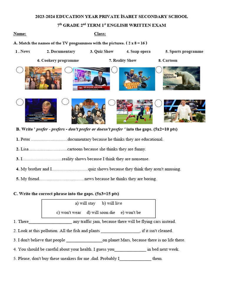 7.sinif Ingilizce 2.donem 1.yazili | PDF 7.sinif Ingilizce 2.donem 1.yazili | PDF