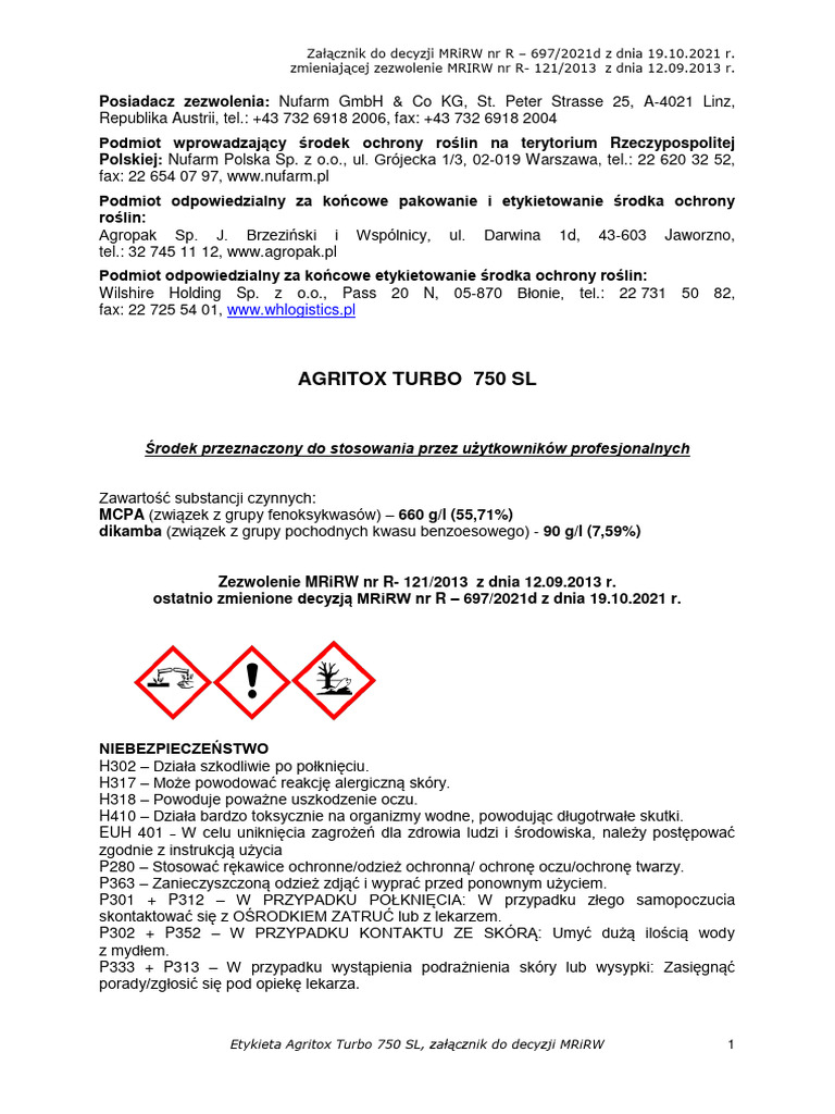 Agritox Turbo 750 SL - ET 19-10-2021 | PDF