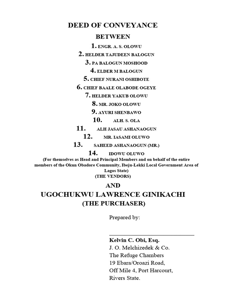 Deed of Conveyance Lawrence Ugochukwu | PDF | Indemnity | Civil Law (Common Law)