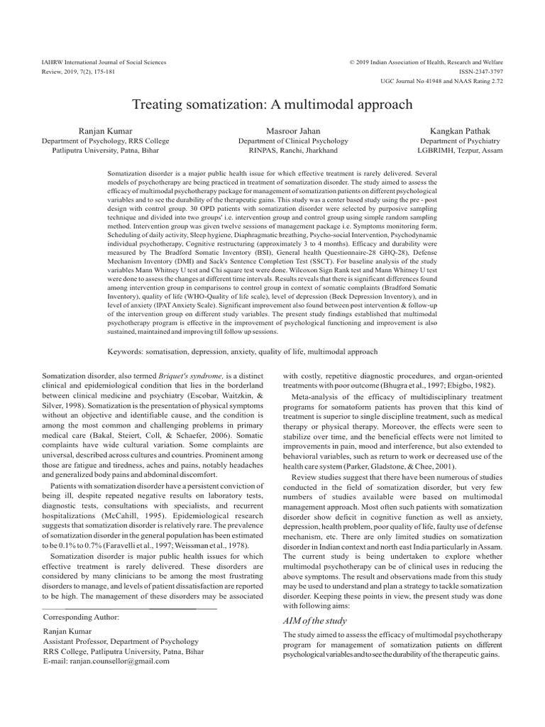 Efficacy of Multimodal Psychotherapy for Somatization | PDF ...