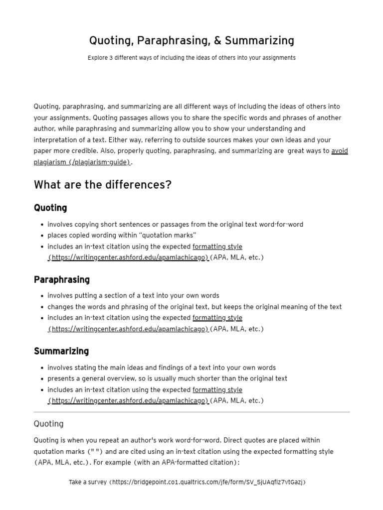 Quoting, Paraphrasing, & Summarizing - Ashford Writing Center | PDF ...