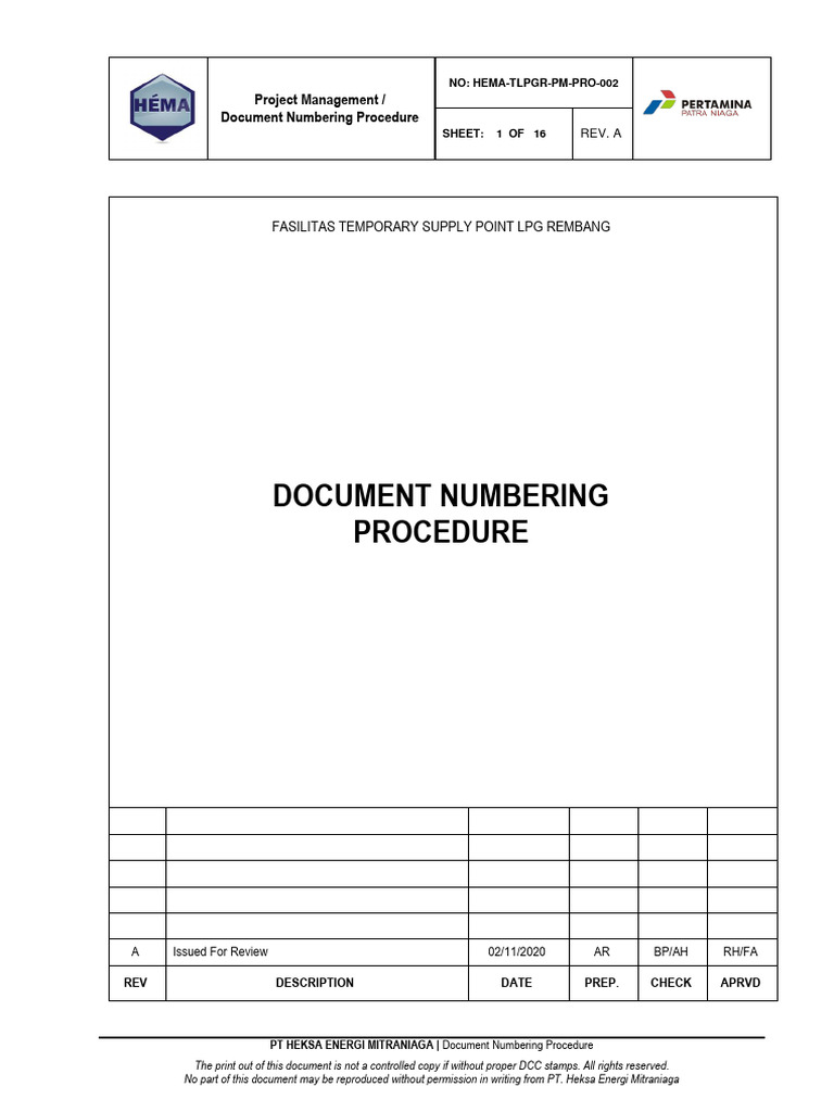 HEMA TLPGR PM PRO 002 - REV.A NUMBERING DOCUMENT PROCEDURE (Contoh ...