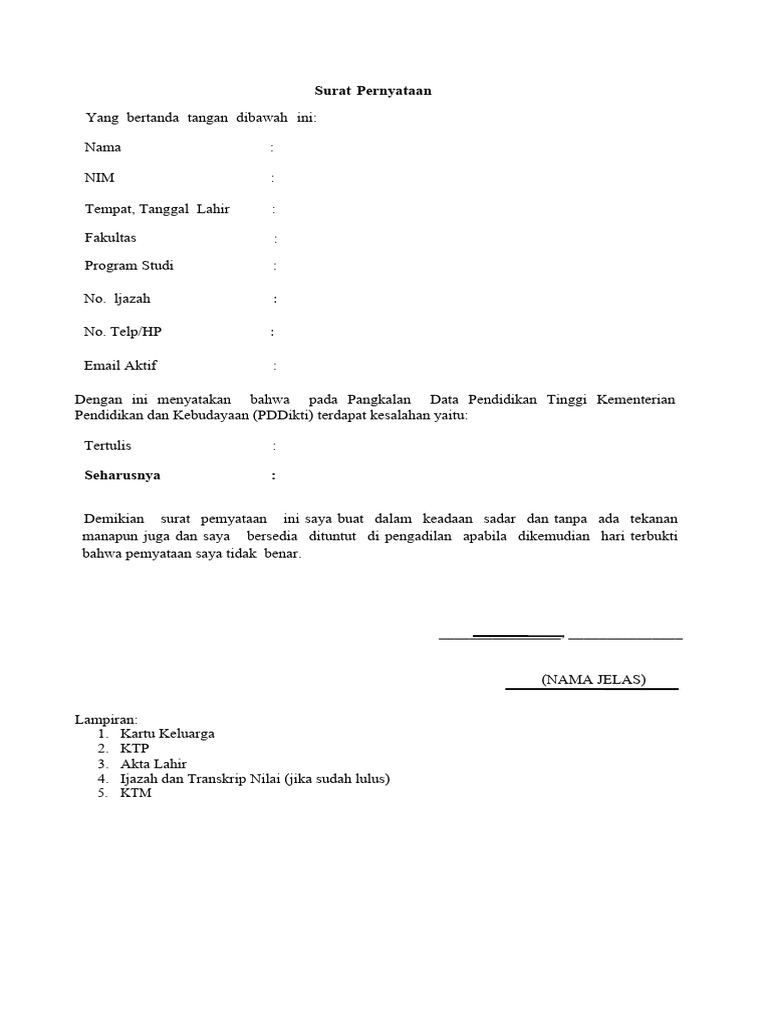 Surat Pernyataan Perubahan PDDIKTI | PDF
