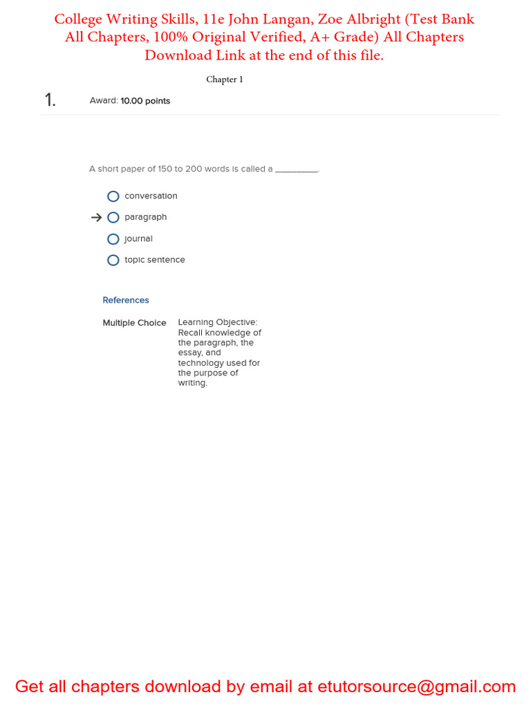 Test Bank For College Writing Skills, 11e John Langan, Zoe Albright ...
