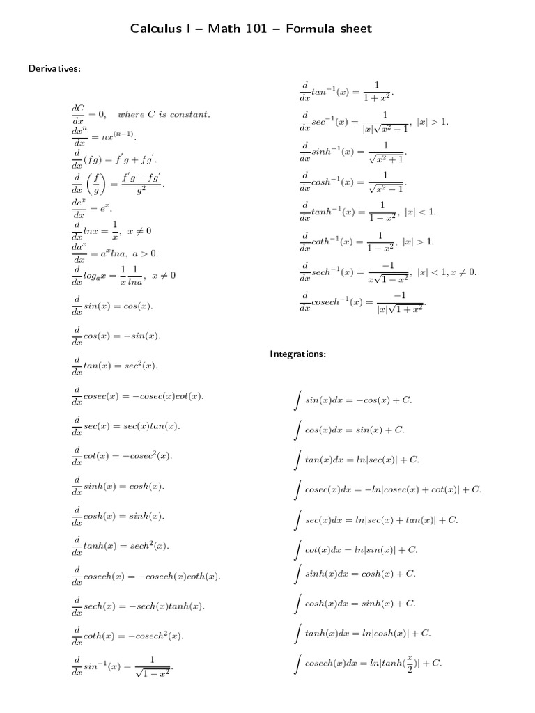 Calculus I Formula Sheet | PDF | Mathematics | Mathematical Objects