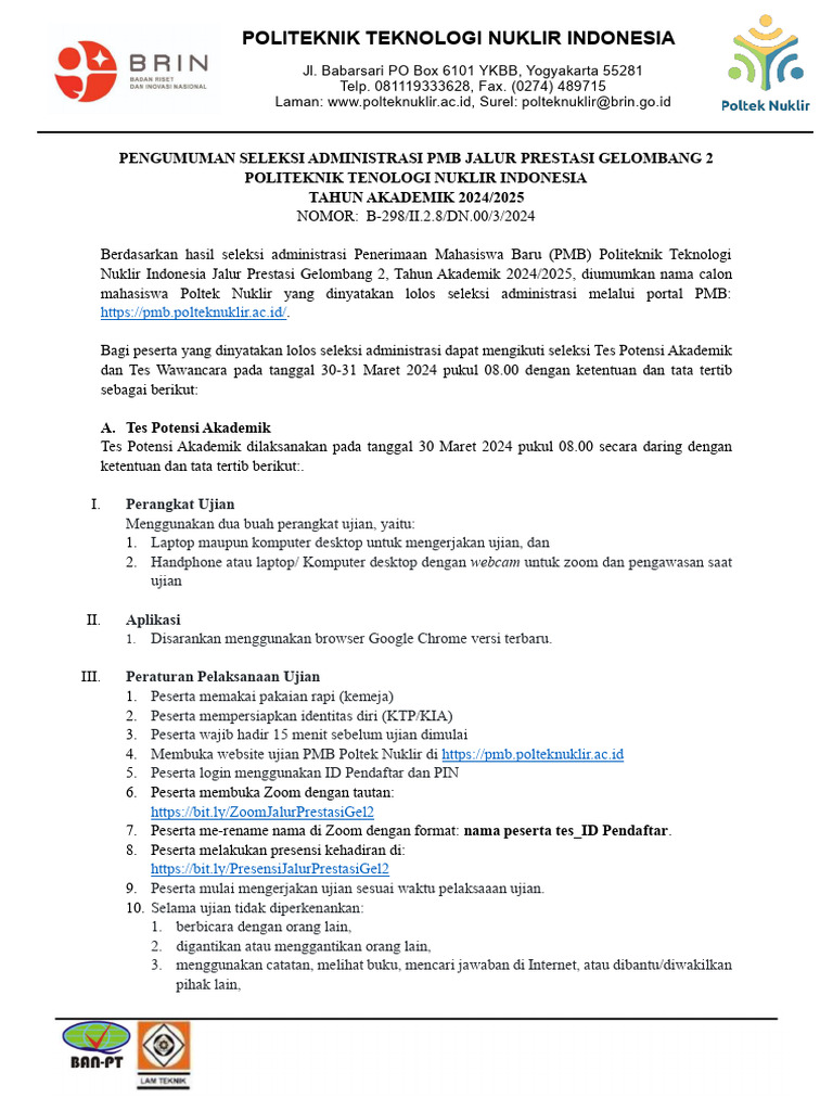 Pengumuman Seleksi PMB Poltek Nuklir 2024 | PDF | Teknologi & Rekayasa ...
