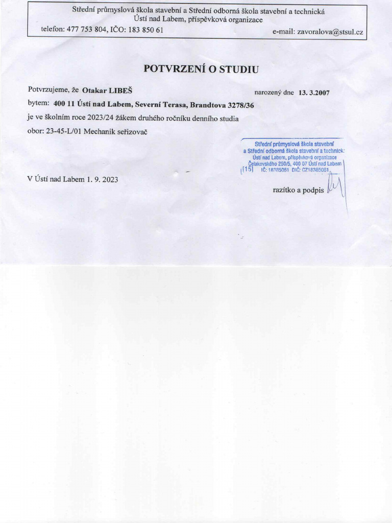 Potvrzení o Studiu | PDF