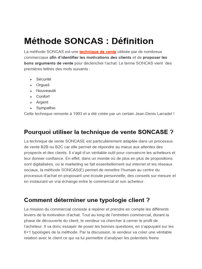 Méthode SONCAS : Guide de Vente Efficace | PDF