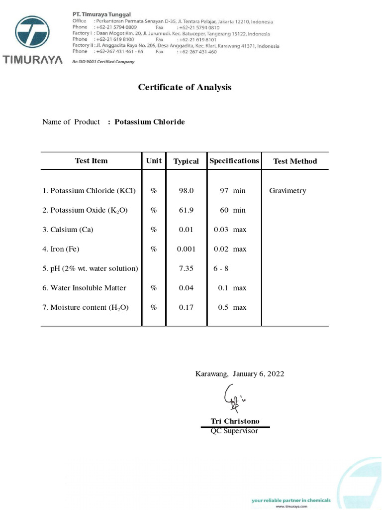 Potassium Chloride Certificate of Analysis | PDF | Science & Mathematics