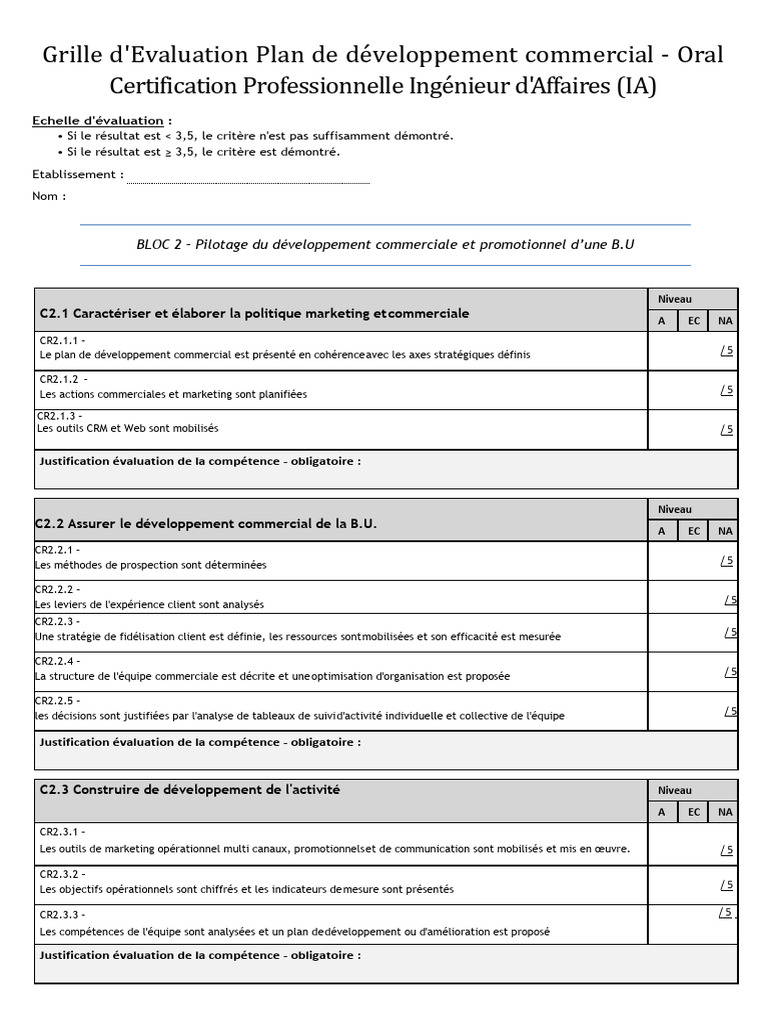IA 2024 - Grilles D-Evaluation Plan de Developpement Commercial Bloc 2 - Oral - C3I | PDF