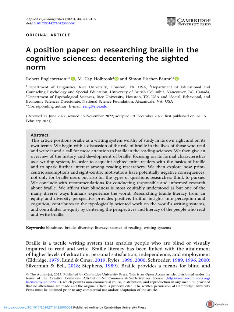 A Position Paper On Researching Braille in The Cognitive Sciences ...