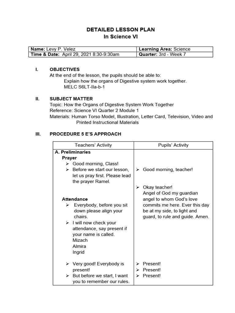 Digestive System Lesson Plan for Grade VI | PDF | Human Digestive ...