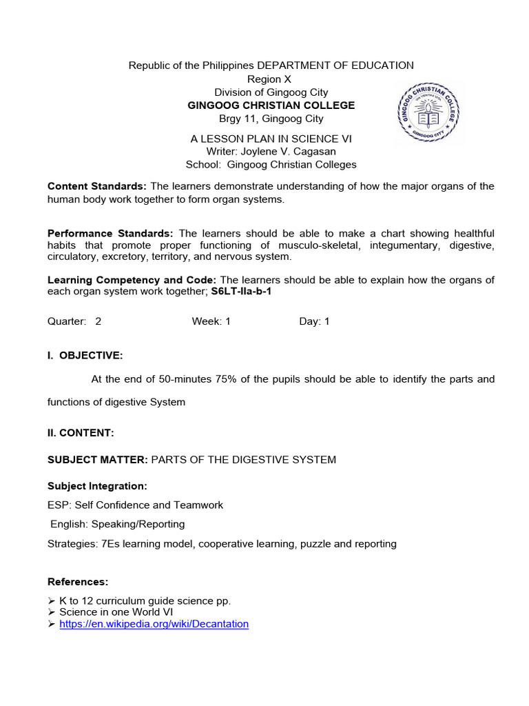 Lesson Plan Science 6 Biology | PDF | Human Digestive System | Digestion