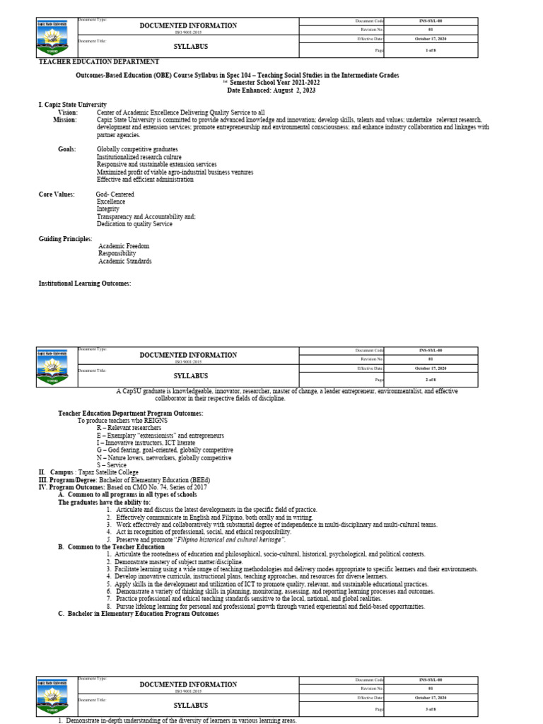 Course Syllabus BEED 1st Sem Spec 104 | PDF | Curriculum | Learning