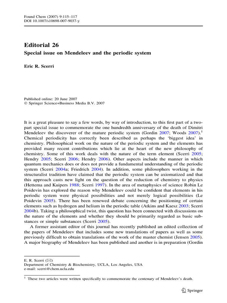 Editorial 26 Special Issue On Mendeleev | PDF | Periodic Table | Chemistry