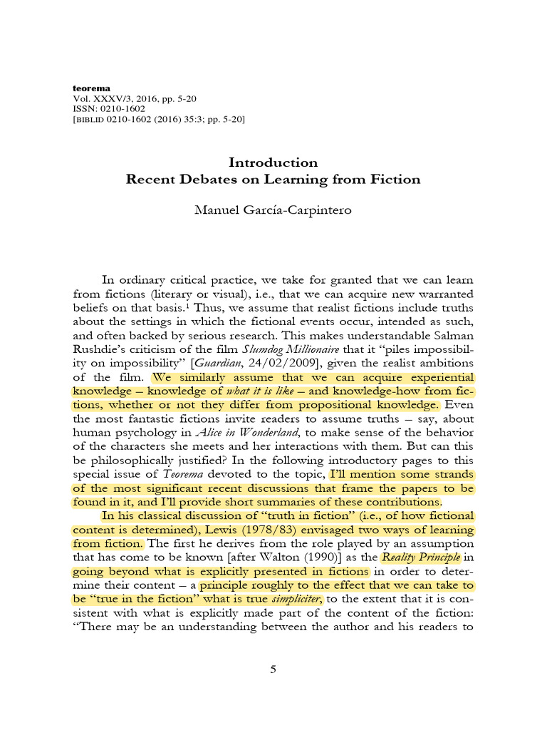Learning from Fiction: Recent Debates | PDF | Philosophy | Social Science