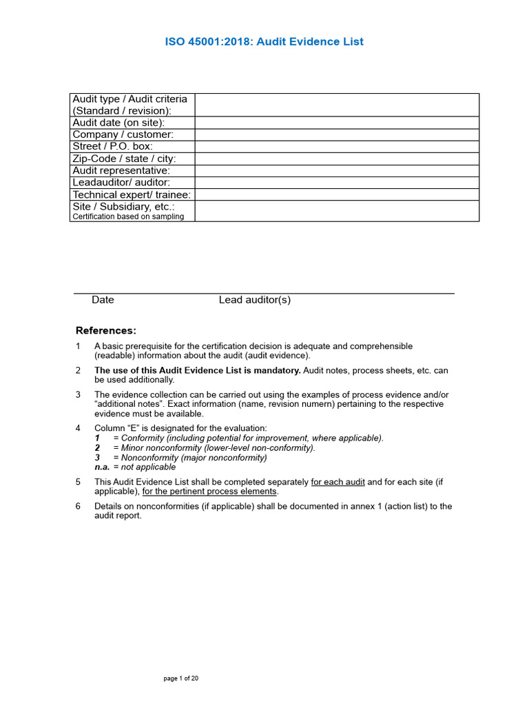 ISO 45001 - 2018 - Audit Evidence List | PDF
