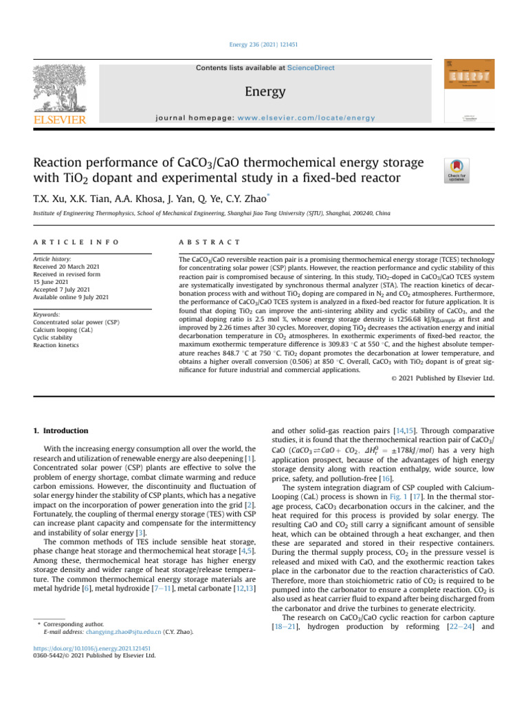 Reaction Performance of CaCO3 CaO Thermochemical Energy Storage | PDF | Activation Energy ...