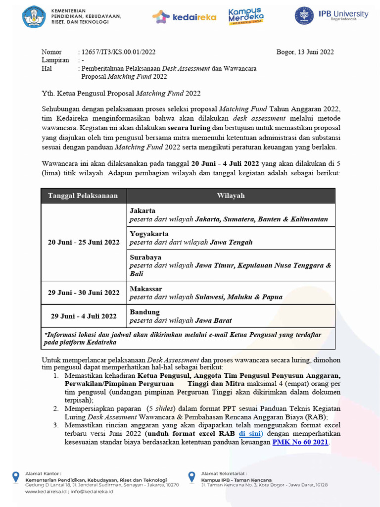 (Undangan) Pelaksanaan Desk Assesment Dan Wawancara Proposal MF | PDF