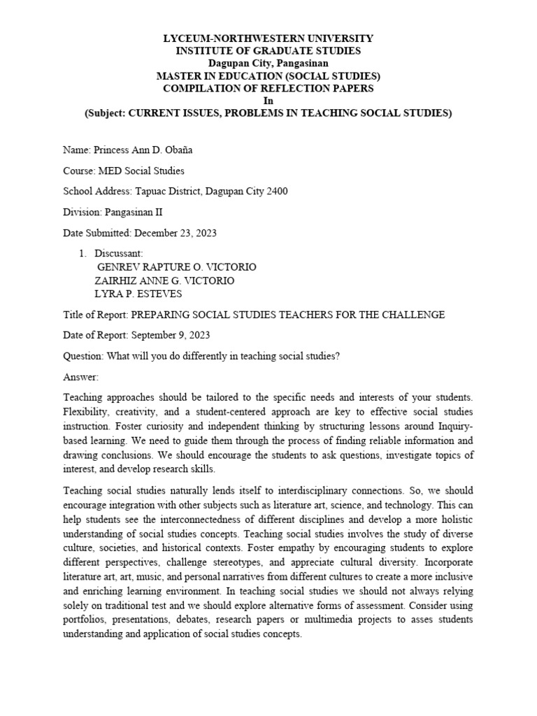 Reflection - Curent Issues, Problems in Teaching SS | PDF ...