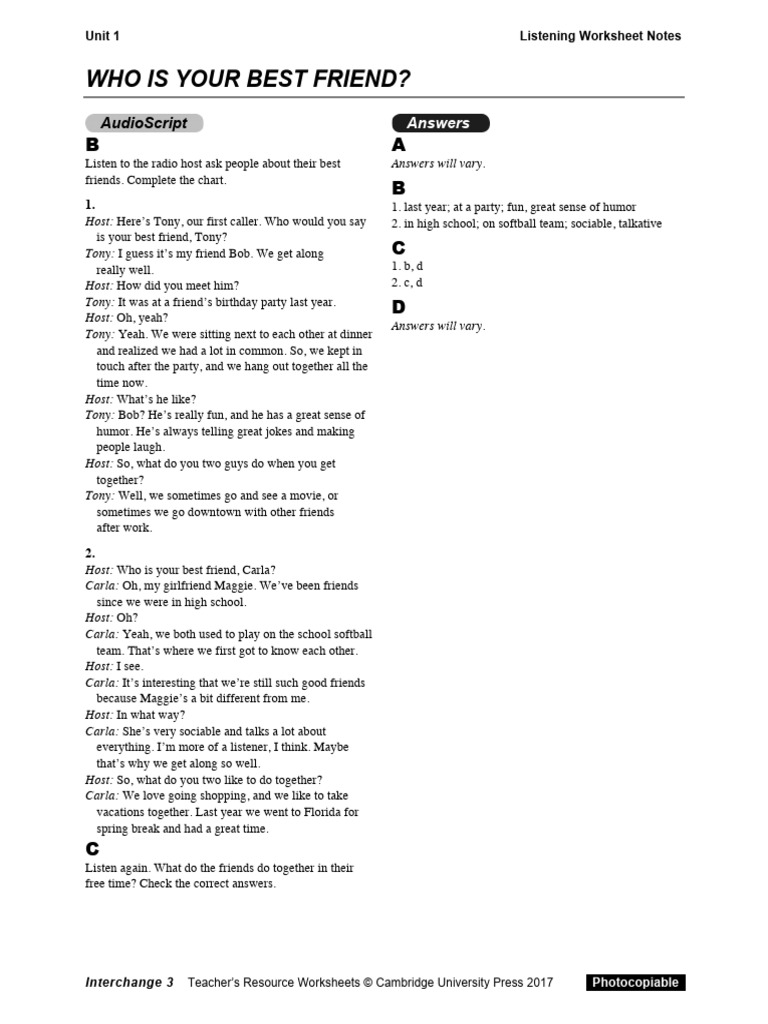 Interchange5thEd Level3 Unit01 Listening Worksheet | PDF