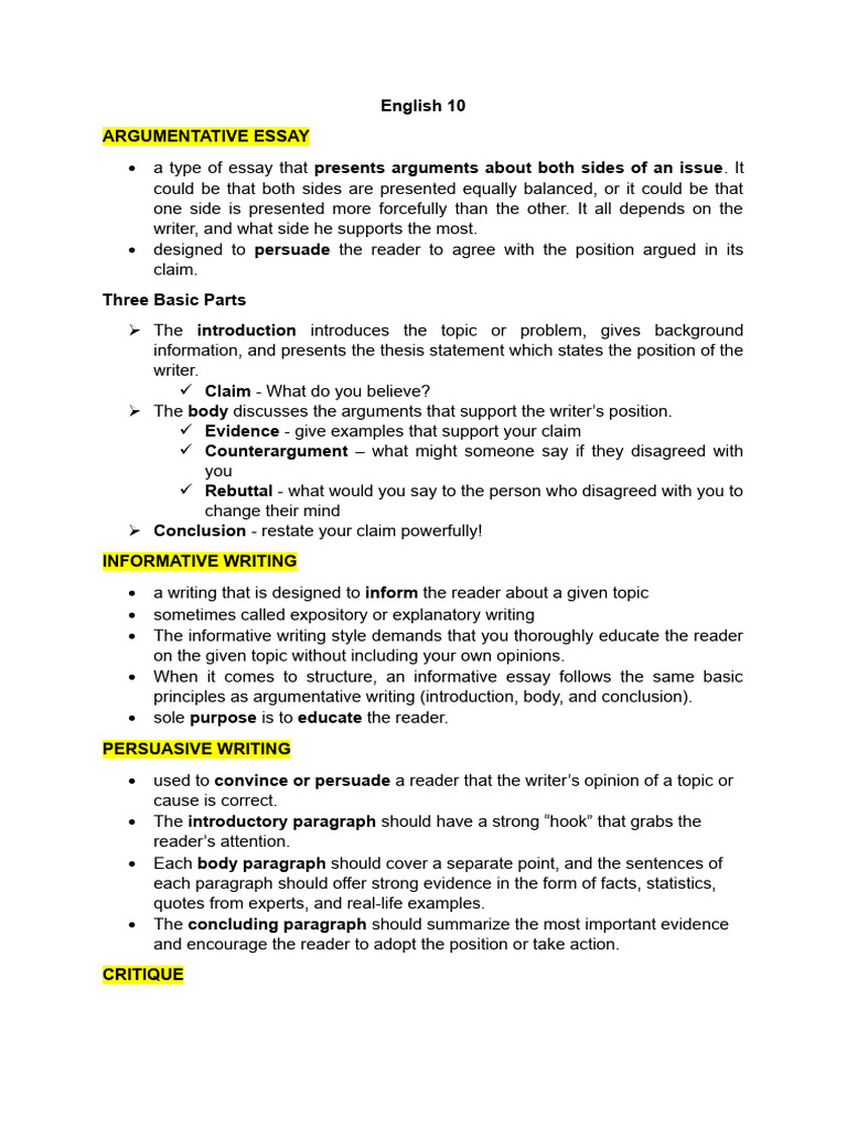 ENGLISH 10 Reviewer | PDF | Methodology | Essays ENGLISH 10 Reviewer | PDF | Methodology | Essays